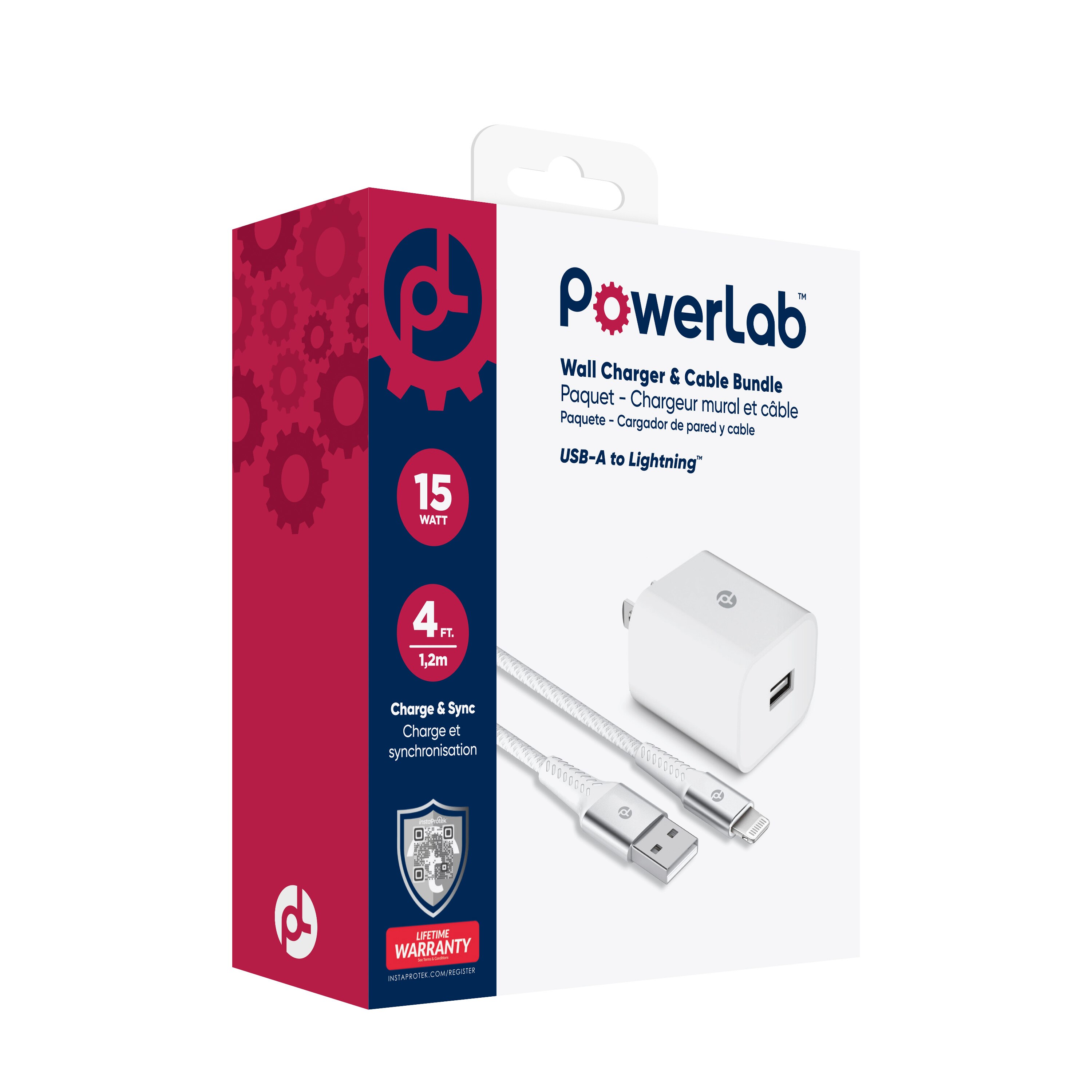 PowerLab 2in1 Bundle 15W USB-A Wall Charger with 4ft USB-A to Lightning ...